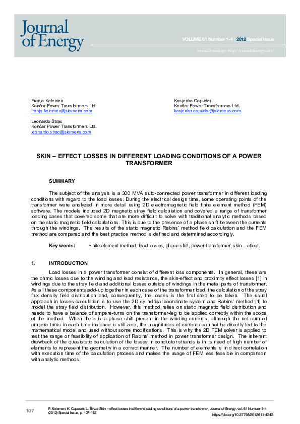 (PDF) Skin – Effect Losses in Different Loading Conditions of a Power Transformer