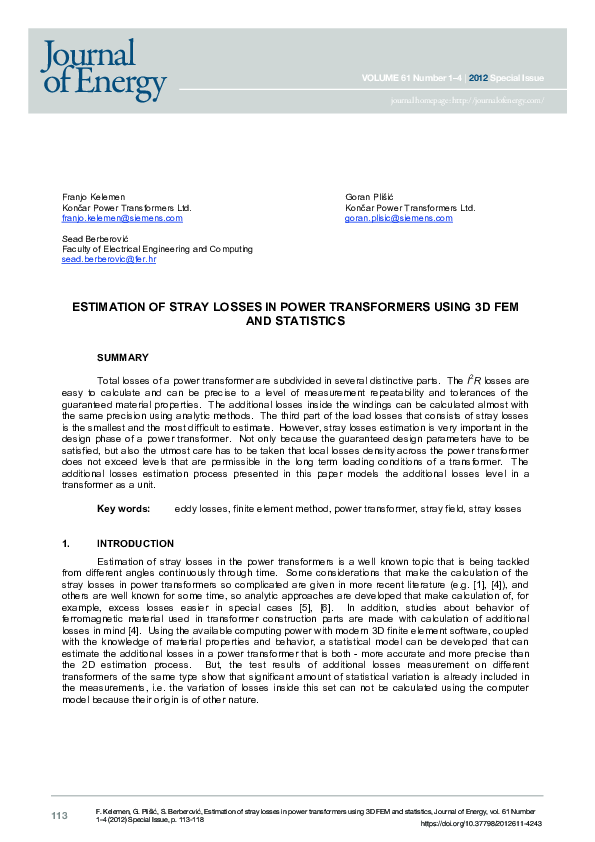 (PDF) Estimation of Stray Losses in Power Transformers Using 3D Fem and Statistics