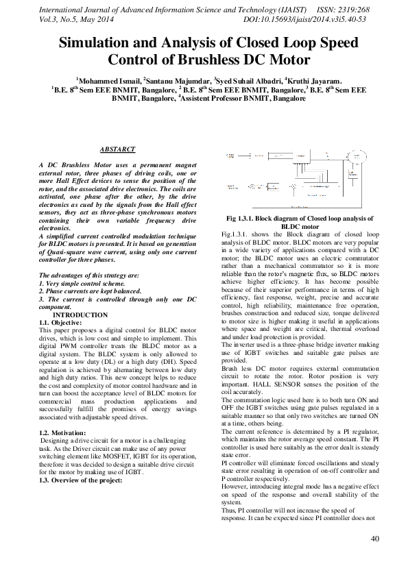 Pdf Simulation And Analysis Of Closed Loop Speed Control Of Brushless Dc Motor Syed Albadri