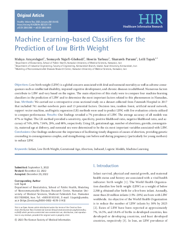 (PDF) Machine Learning-based Classifiers for the Prediction of Low Birth Weight