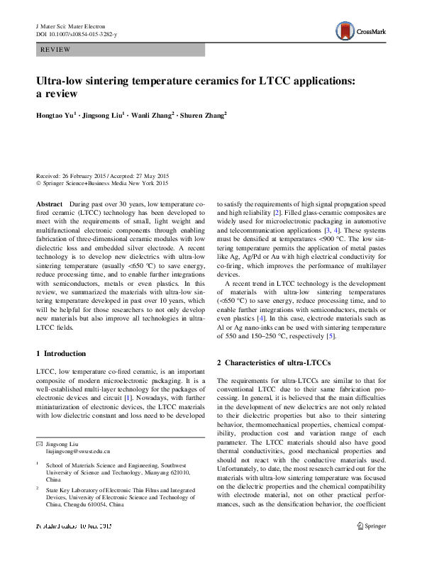 (PDF) Ultra-low sintering temperature ceramics for LTCC applications: a ...