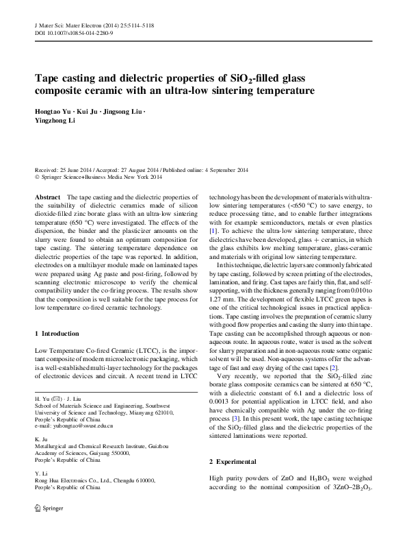 (PDF) Tape casting and dielectric properties of SiO2-filled glass composite ceramic with an ...