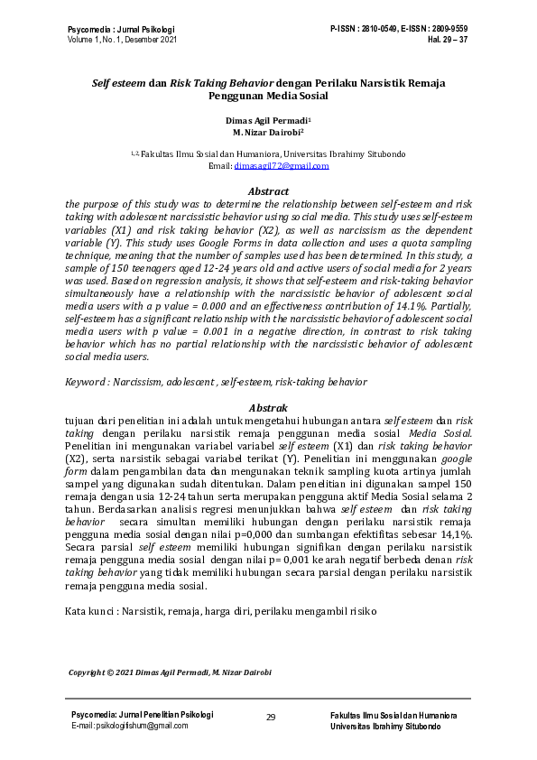 (PDF) Self esteem dan Risk Taking Behavior dengan Perilaku Narsistik Remaja Penggunan Media Sosial