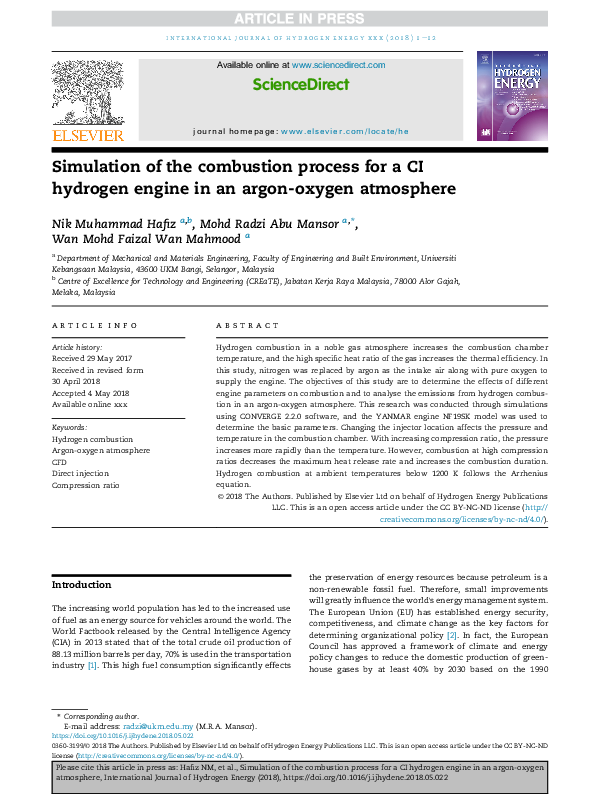 (PDF) Simulation of the combustion process for a CI hydrogen engine in ...