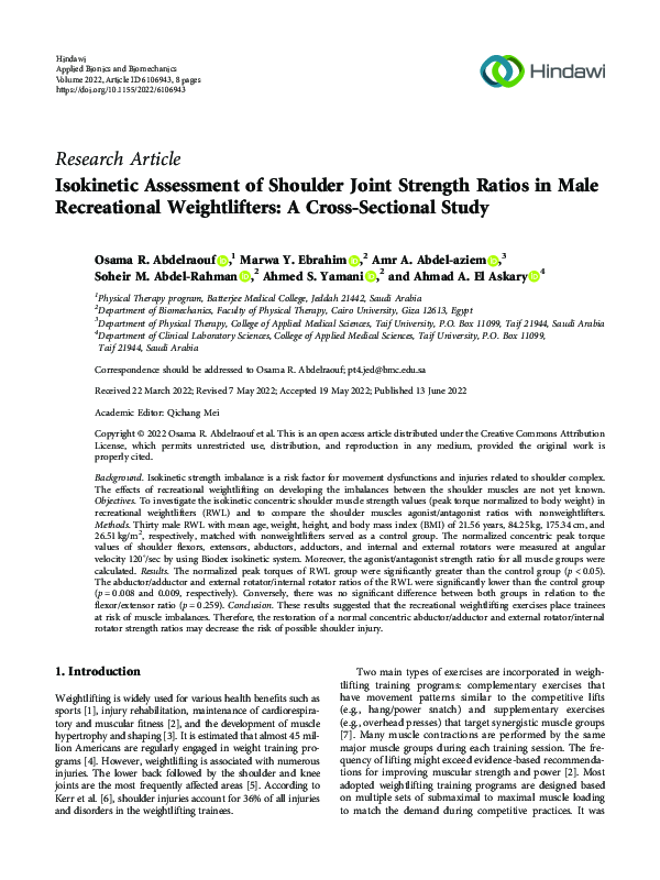 (PDF) Isokinetic Assessment of Shoulder Joint Strength Ratios in Male ...