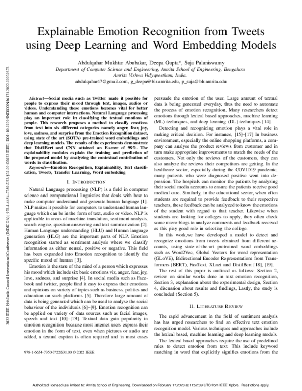 Pdf Explainable Emotion Recognition From Tweets Using Deep Learning And Word Embedding Models