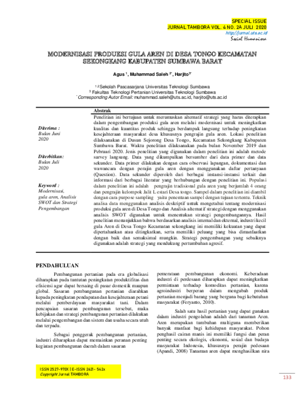 (PDF) Modernisasi Produksi Gula Aren DI Desa Tongo Kecamatan Sekongkang Kabupaten Sumbawa Barat