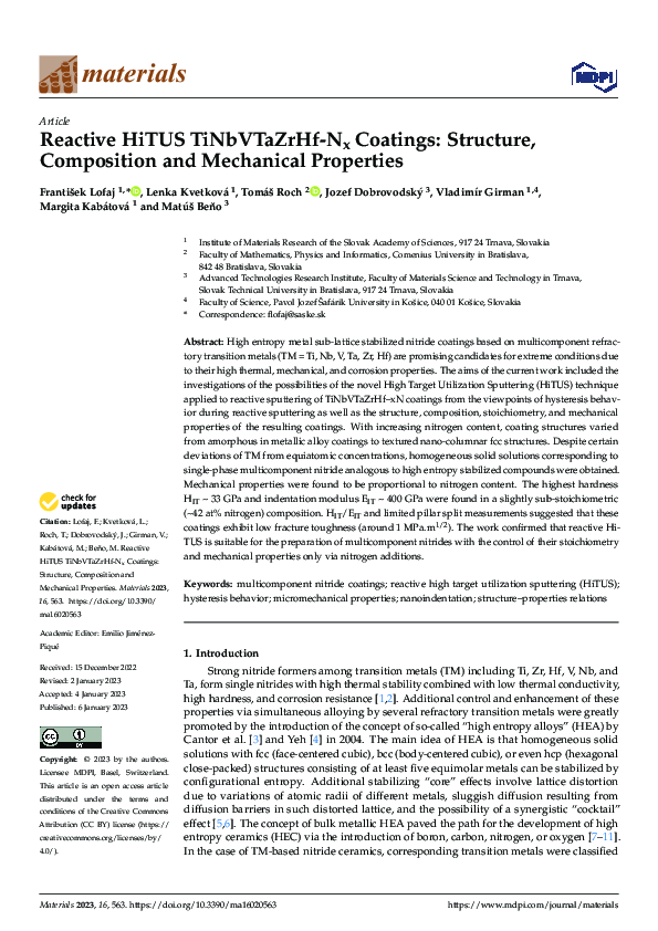 (PDF) Reactive HiTUS TiNbVTaZrHf-Nx Coatings: Structure, Composition and Mechanical Properties