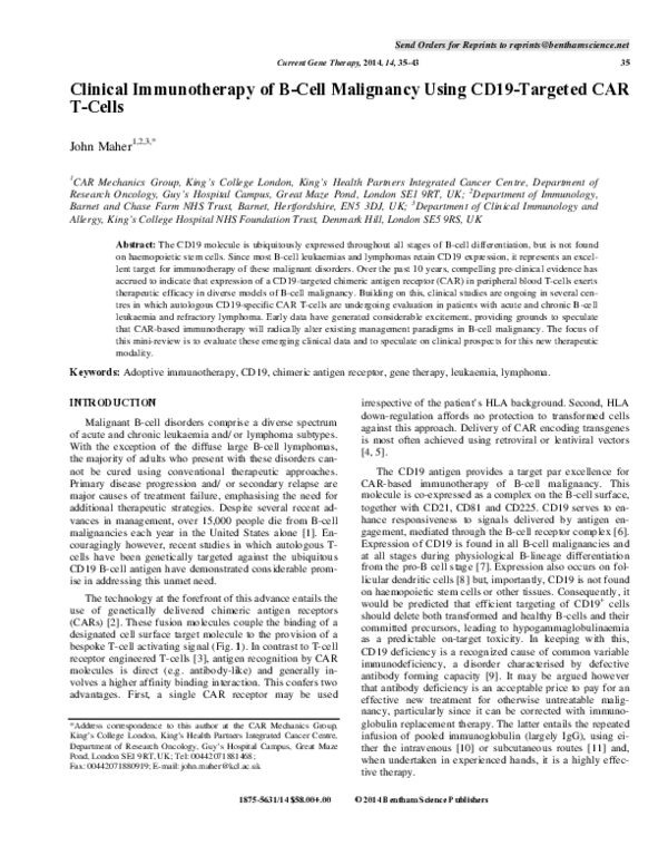 (PDF) Clinical Immunotherapy of B-Cell Malignancy Using CD19-Targeted CAR T-Cells