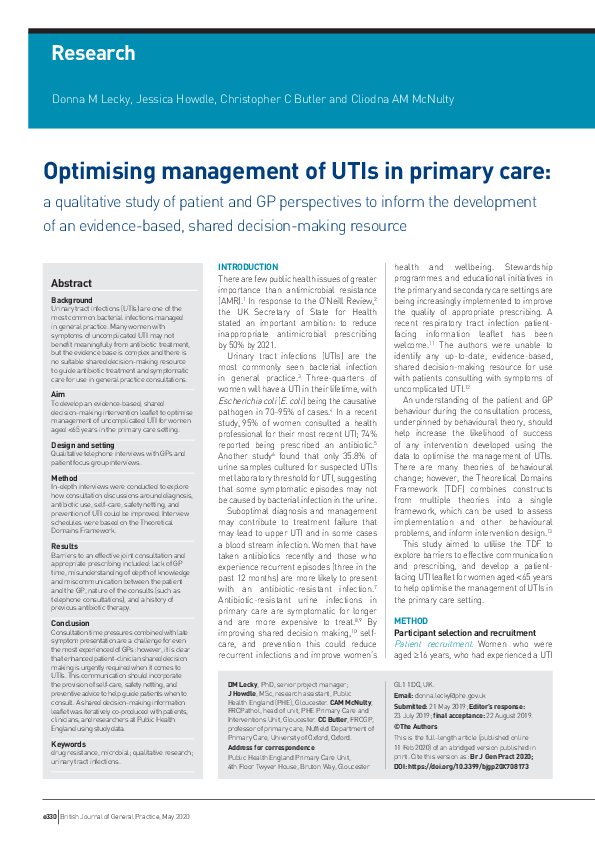 (PDF) Optimising management of UTIs in primary care: a qualitative ...