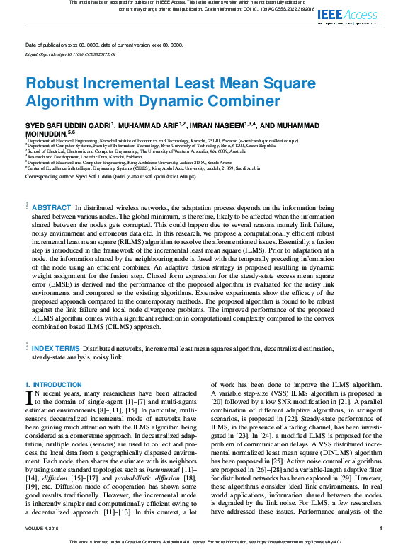 Pdf Robust Incremental Least Mean Square Algorithm With Dynamic Combiner