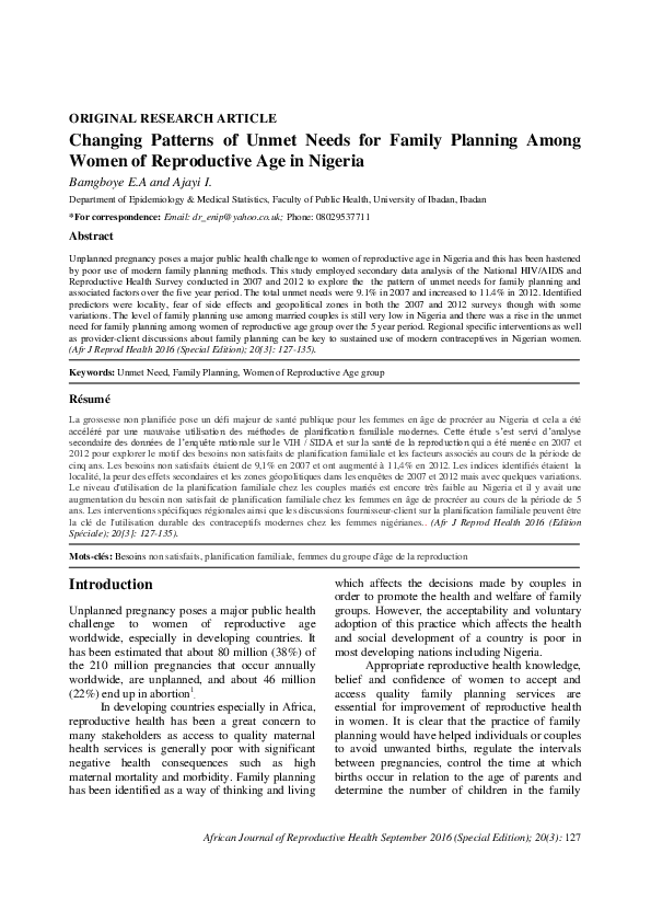 (PDF) Changing Patterns of Unmet Needs for Family Planning Among Women ...