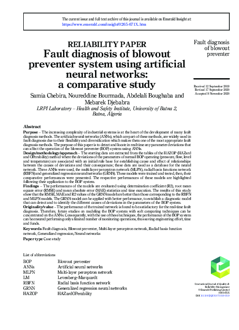 (PDF) Fault diagnosis of blowout preventer system using artificial neural networks: a ...