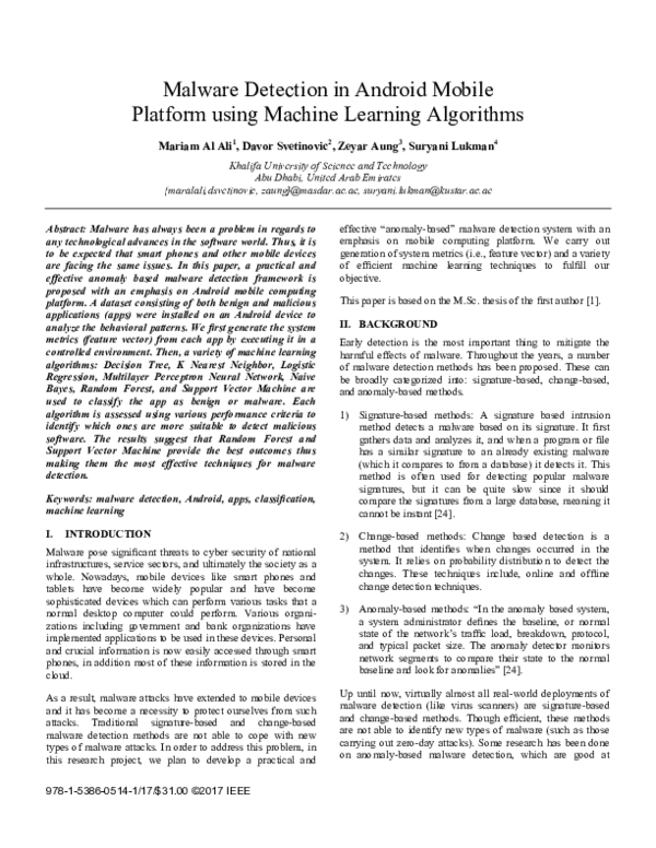 (PDF) Malware detection in android mobile platform using machine learning algorithms
