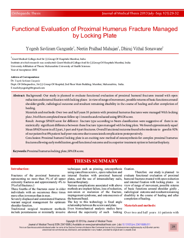 (PDF) Functional Evaluation of Proximal Humerus Fracture Managed by Locking Plate