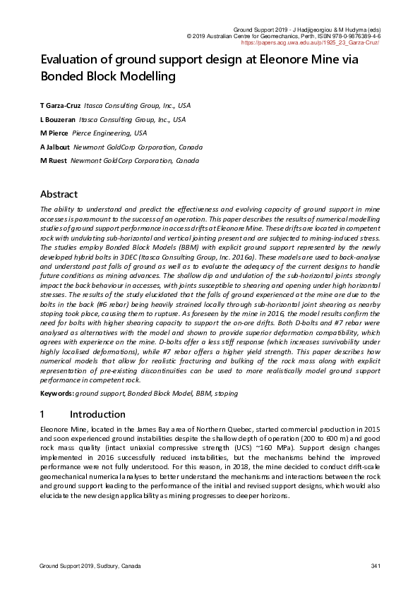 Pdf Evaluation Of Ground Support Design At Eleonore Mine Via Bonded Block Modelling