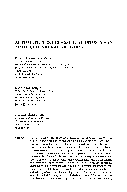 (PDF) Automatic Text Classification Using an Artificial Neural Network