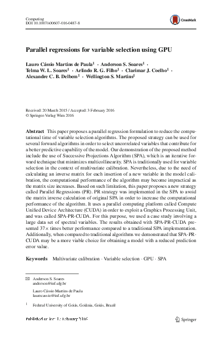 (PDF) Parallel regressions for variable selection using GPU
