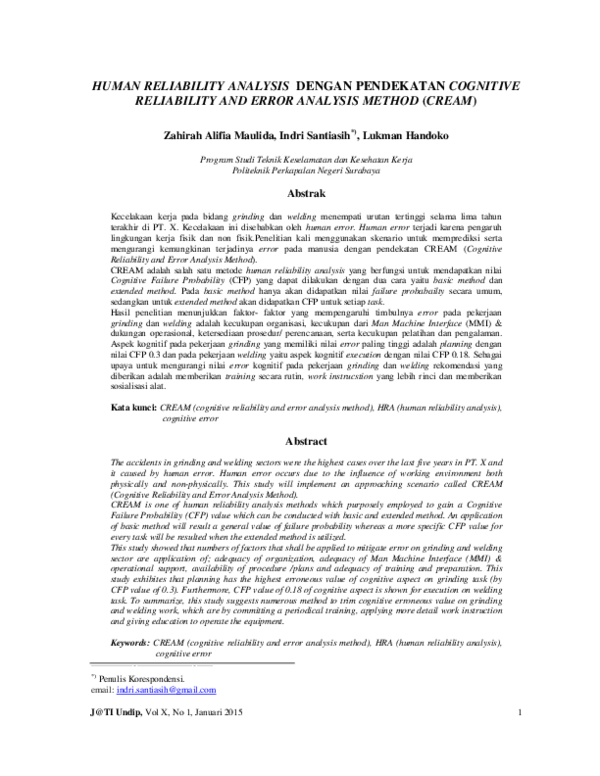 (PDF) Human Reliability Analysis Dengan Pendekatan Cognitive Reliability and Error Analysis ...