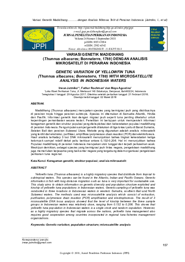 (PDF) VARIASI GENETIK MADIDIHANG (Thunnus albacares; Bonnaterre, 1788 ...