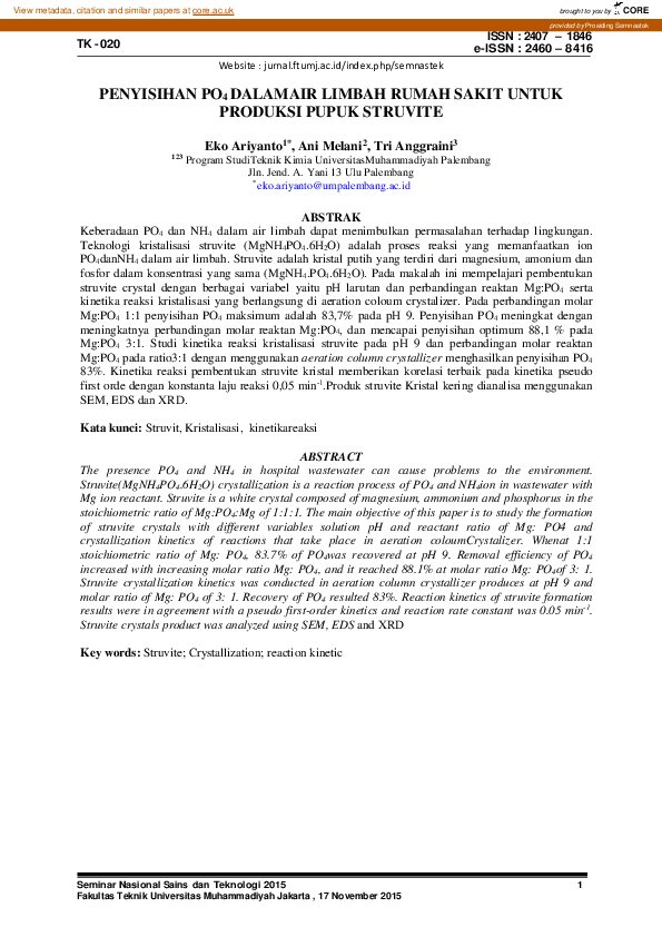 (PDF) Penyisihan PO4 Dalamair Limbah Rumah Sakit Untuk Produksi Pupuk Struvite