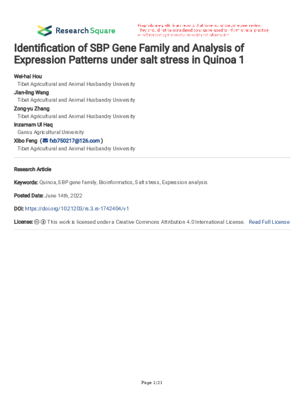 (PDF) Identification of SBP Gene Family and Analysis of Expression Patterns under salt stress in ...