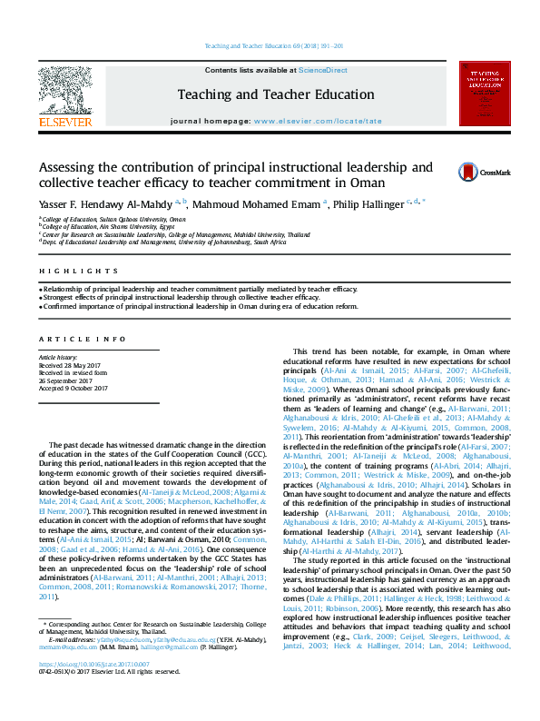 (PDF) Assessing the contribution of principal instructional leadership and collective teacher ...