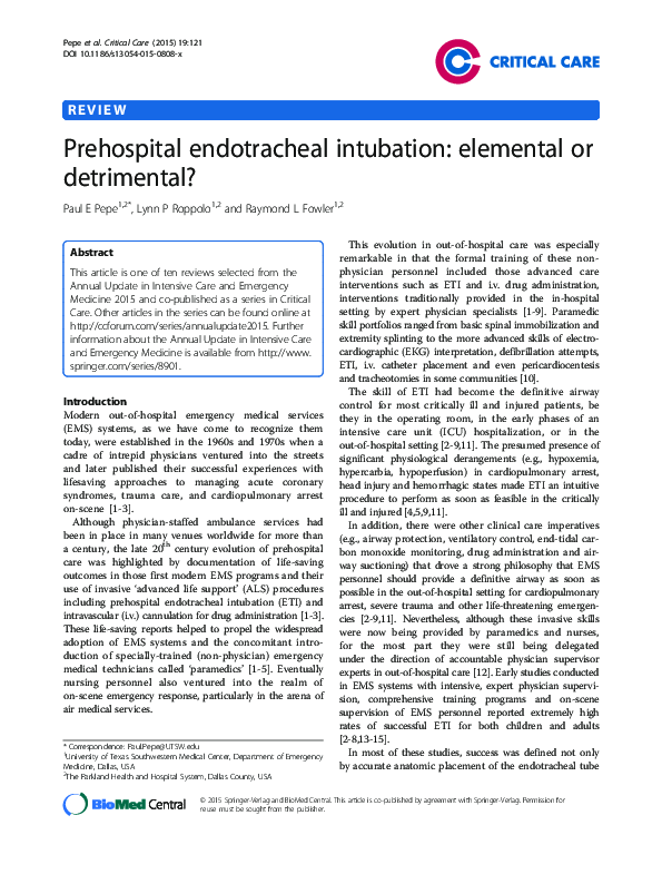 (PDF) Prehospital endotracheal intubation: elemental or detrimental?