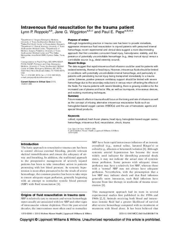 (PDF) Intravenous fluid resuscitation for the trauma patient