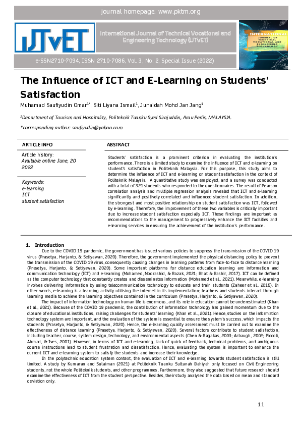 (PDF) The Influence of ICT and E-Learning on Students' Satisfaction