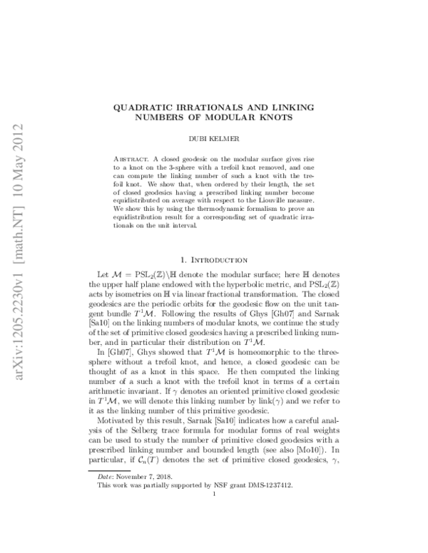 (PDF) Quadratic irrationals and linking numbers of modular knots