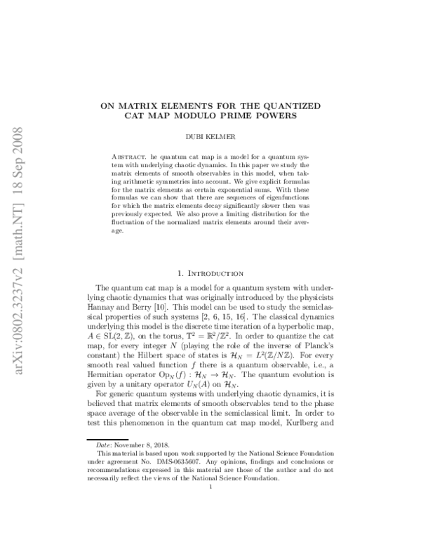 (PDF) On Matrix Elements for the Quantized Cat Map Modulo Prime Powers