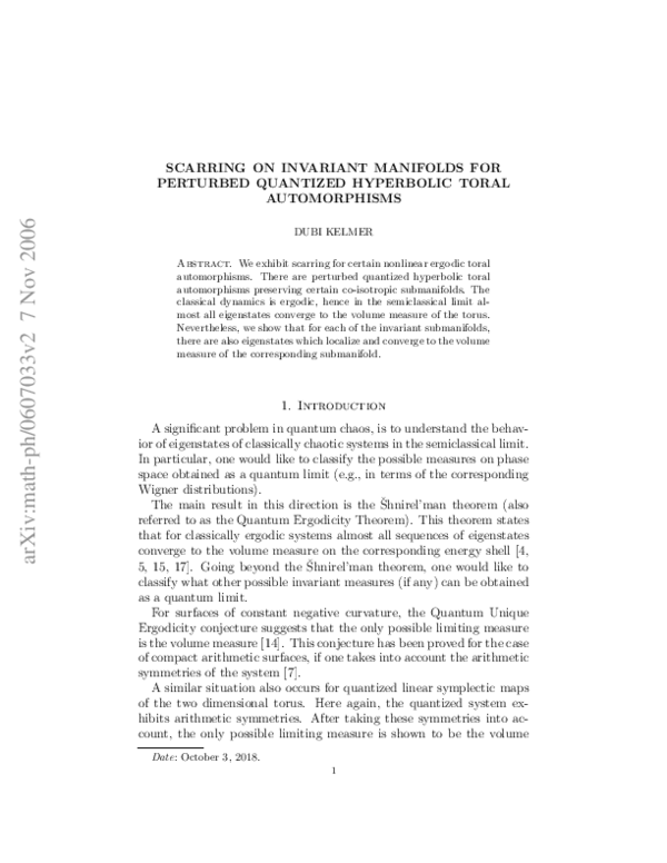 (PDF) Scarring on Invariant Manifolds for Perturbed Quantized ...