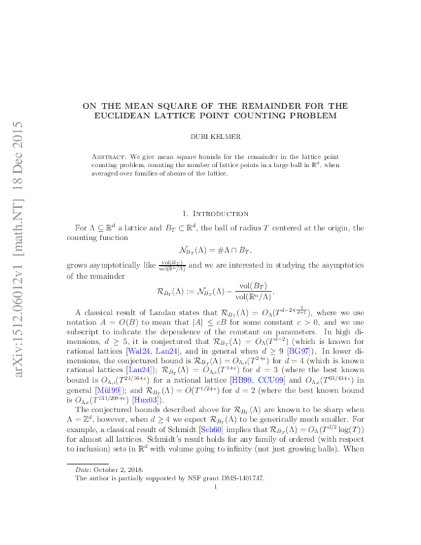 (PDF) On the mean square of the remainder for the euclidean lattice point counting problem