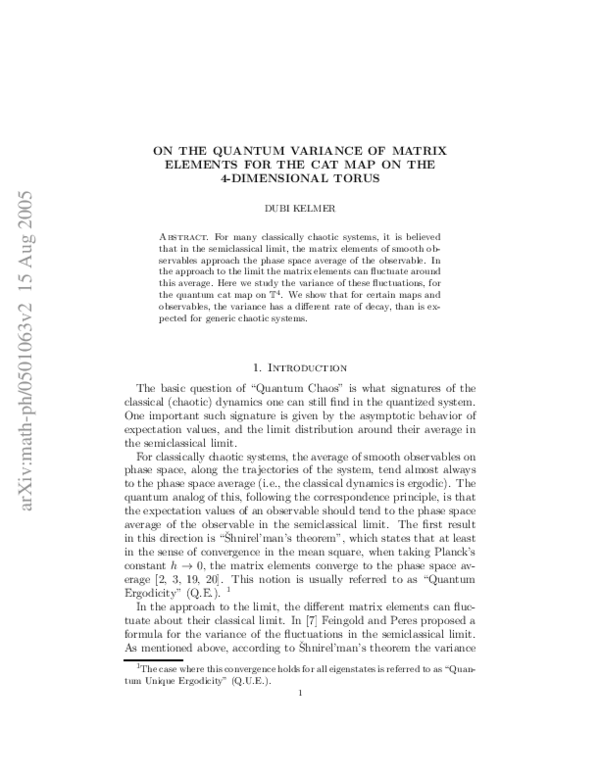 (PDF) On the quantum variance of matrix elements for the cat map on the ...