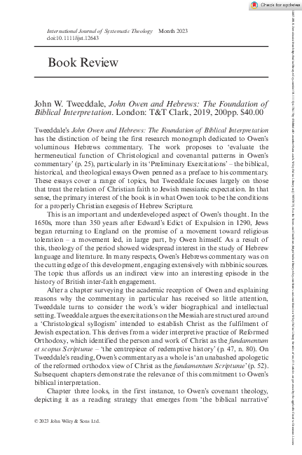 (PDF) Review: Tweeddale, John Owen and Hebrews: The Foundation of ...