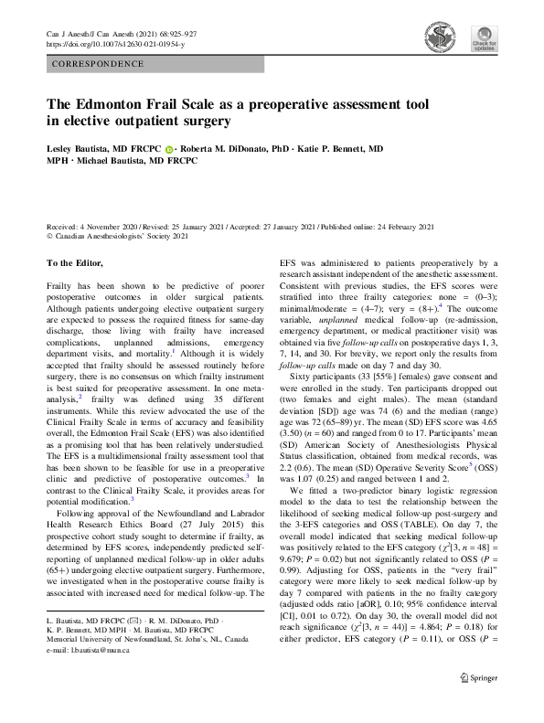 (PDF) The Edmonton Frail Scale as a preoperative assessment tool in ...