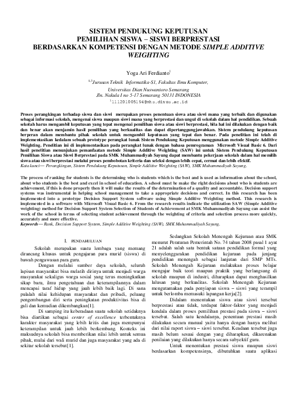 (PDF) Sistem Pendukung Keputusan Pemilihan Siswa - Siswi Berprestasi Berdasarkan Kompetensi ...