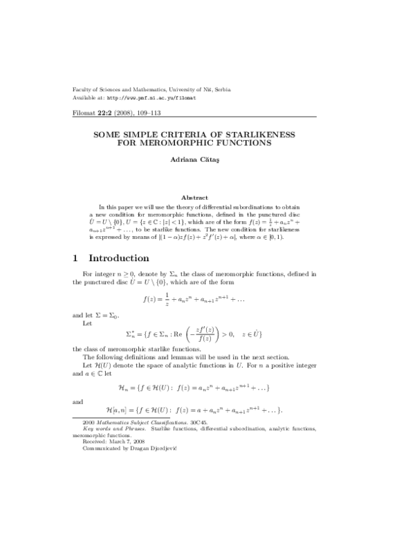 (PDF) Some simple criteria of starlikeness for meromorphic functions