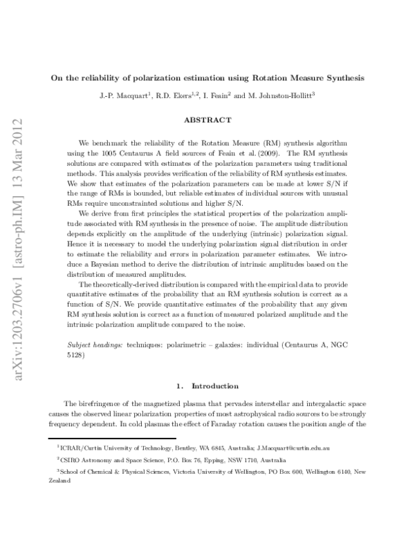 (PDF) On the Reliability of Polarization Estimation Using Rotation Measure Synthesis