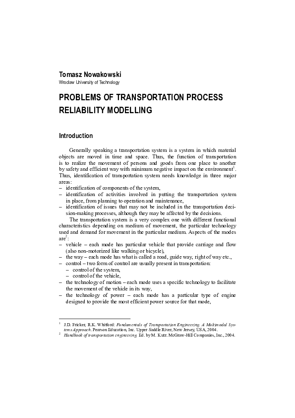 (PDF) Problems of Transportation Process Reliability Modelling