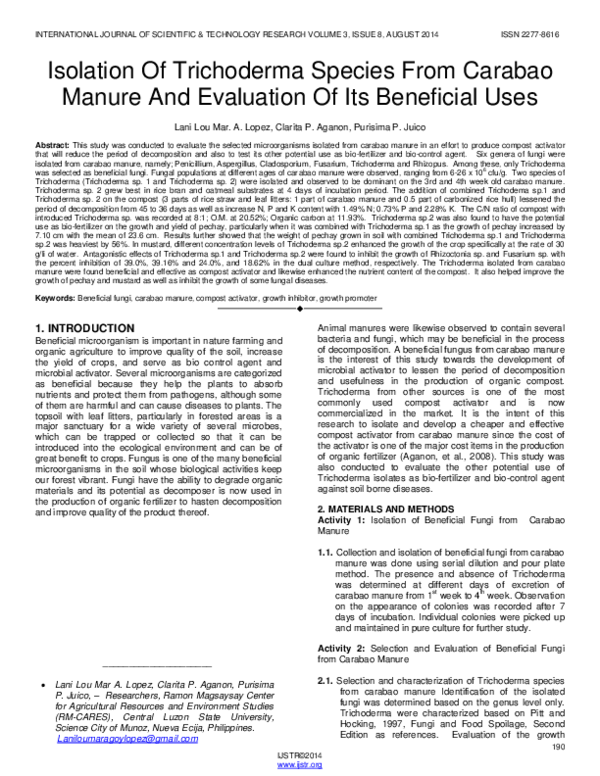 (PDF) Isolation Of Trichoderma Species From Carabao Manure And Evaluation Of Its Beneficial Uses