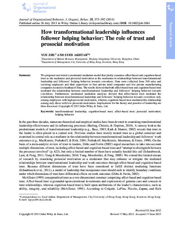(PDF) How transformational leadership influences follower helping behavior: The role of trust ...