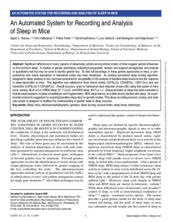 (PDF) An Automated System for Recording and Analysis of Sleep in Mice
