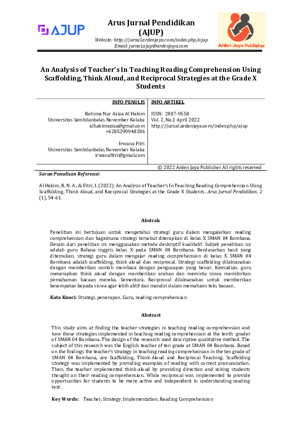 (PDF) An Analysis of Teacher’s In Teaching Reading Comprehension Using Scaffolding, Think Aloud ...