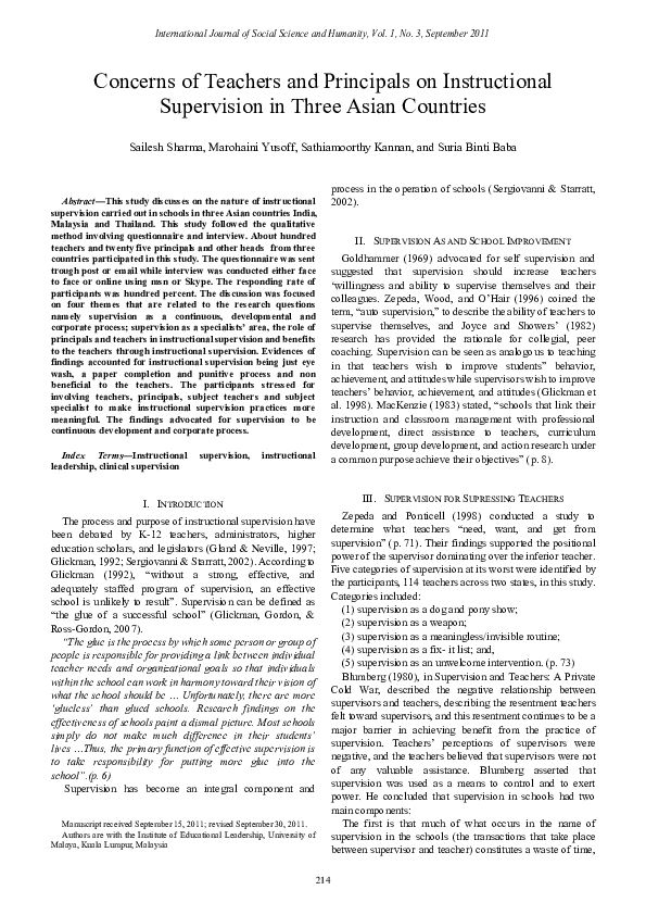 (PDF) Concerns of Teachers and Principals on Instructional Supervision in Three Asian Countries