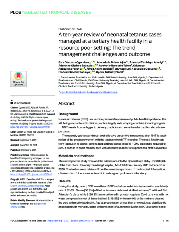 (PDF) A ten-year review of neonatal tetanus cases managed at a tertiary ...