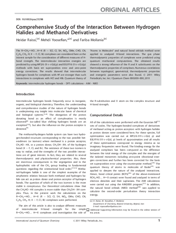 (PDF) Comprehensive study of the interaction between hydrogen halides and methanol derivatives