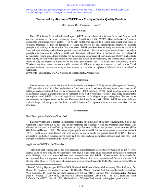 (PDF) Watershed Application of WEPP to a Michigan Water Quality Problem
