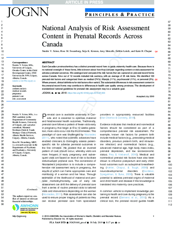 (PDF) National Analysis of Risk Assessment Content in Prenatal Records ...